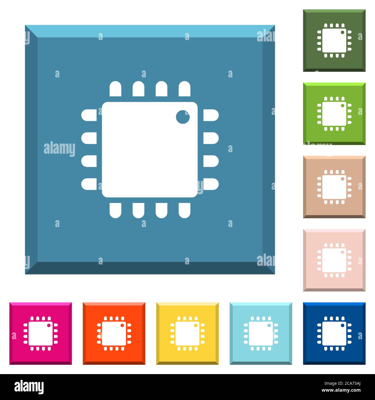 Computer processor white icons on edged square buttons in various ...