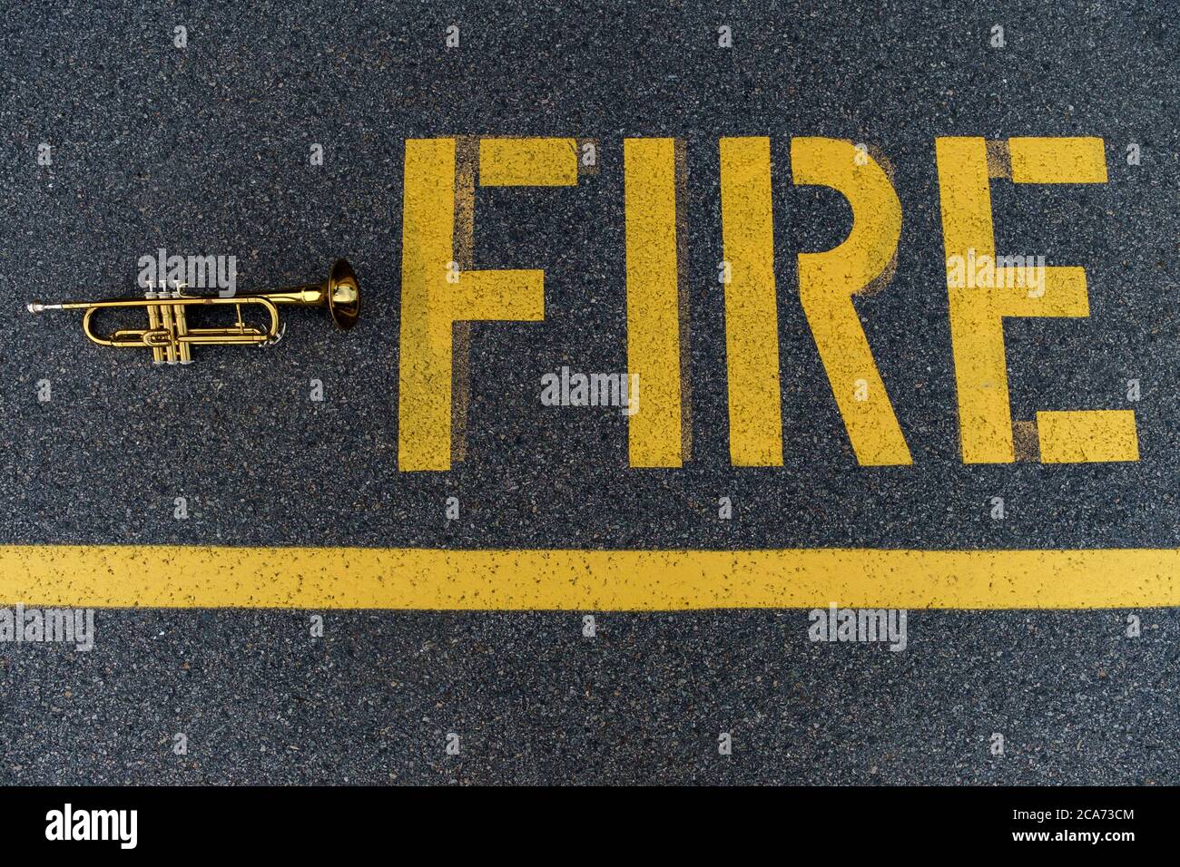 Fire alarm musical instrument trumpet concept with word spelled out ...