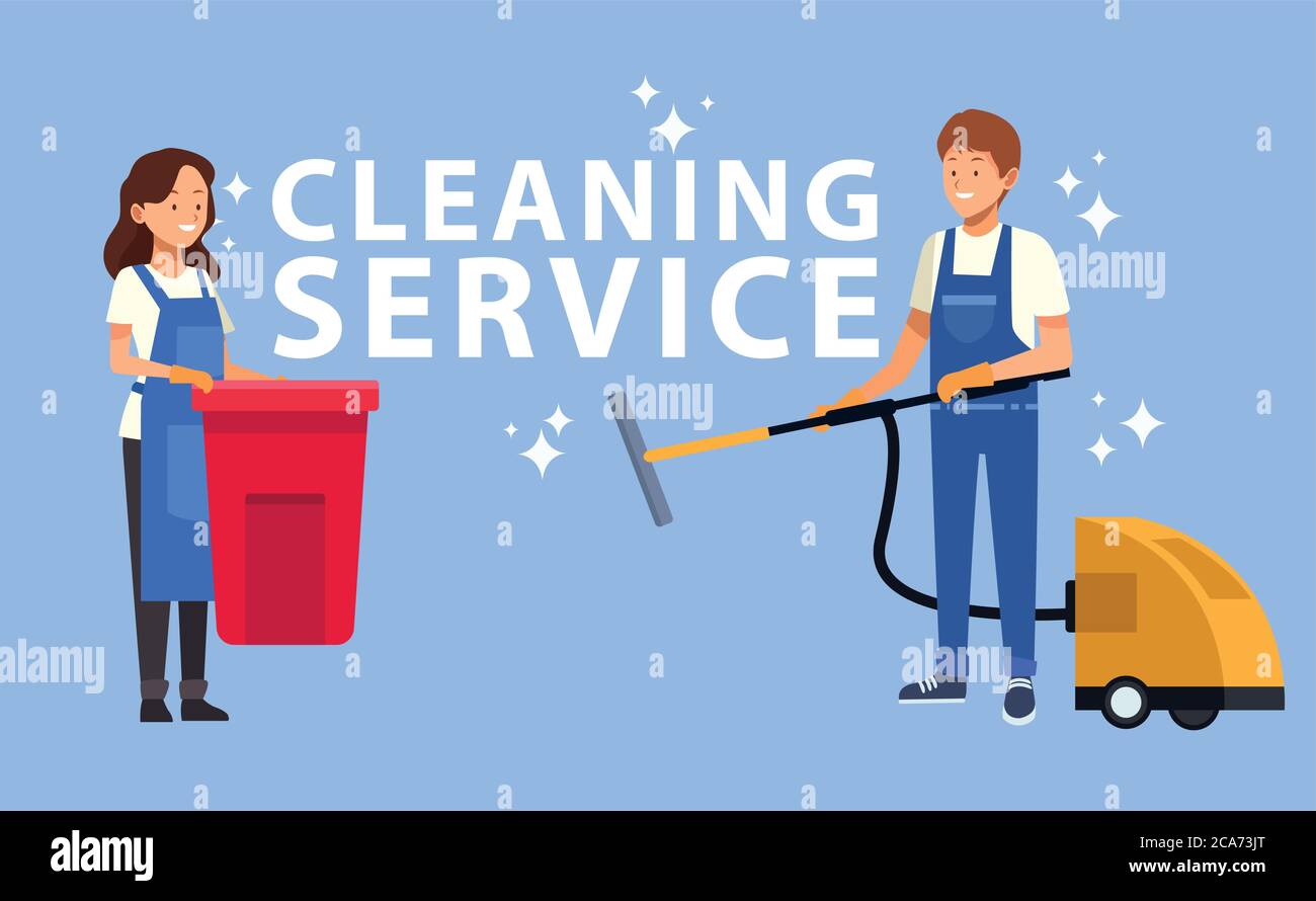 housekeeping couple workers with tools characters vector illustration ...