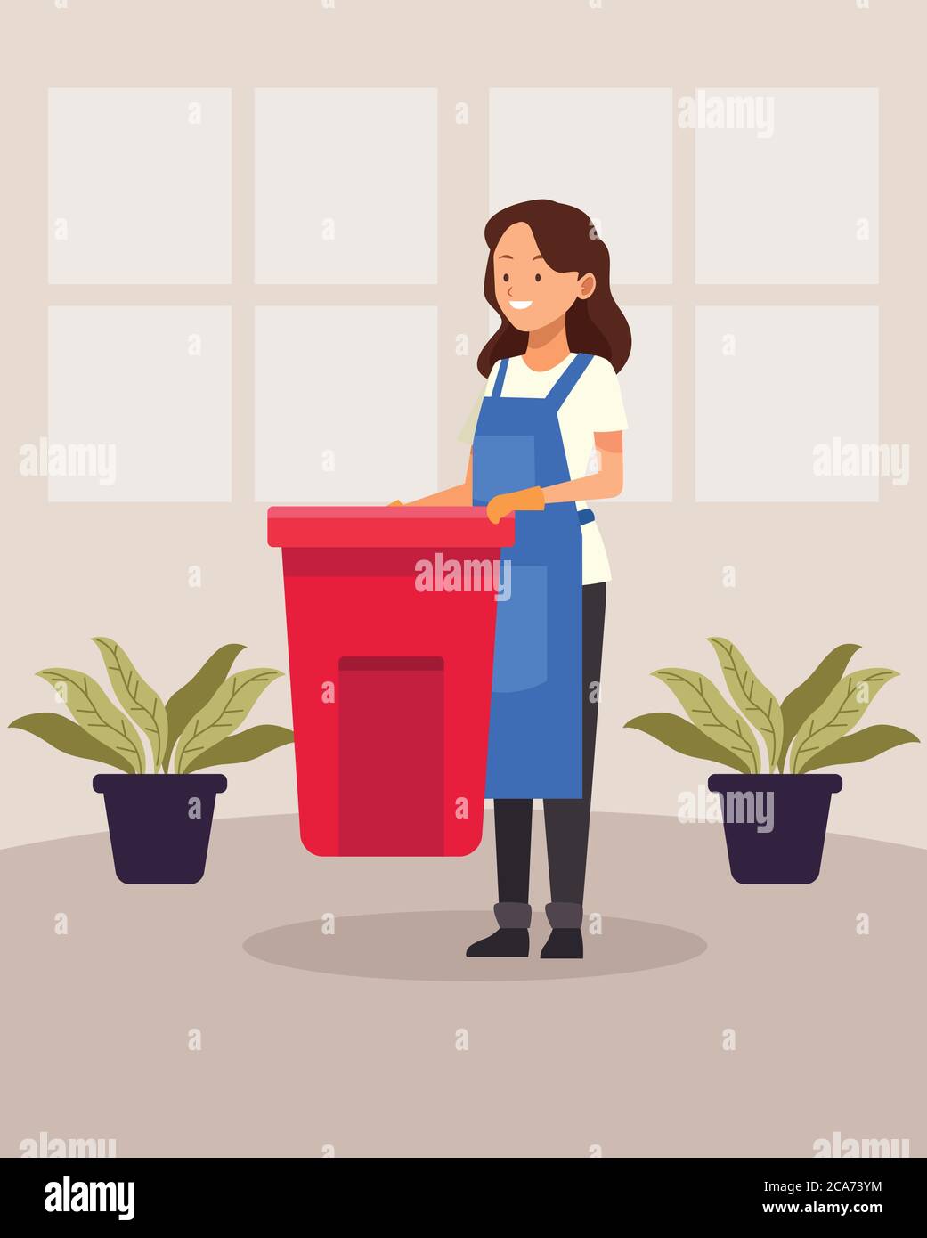 housekeeping female worker with garbage pot avatar character vector ...