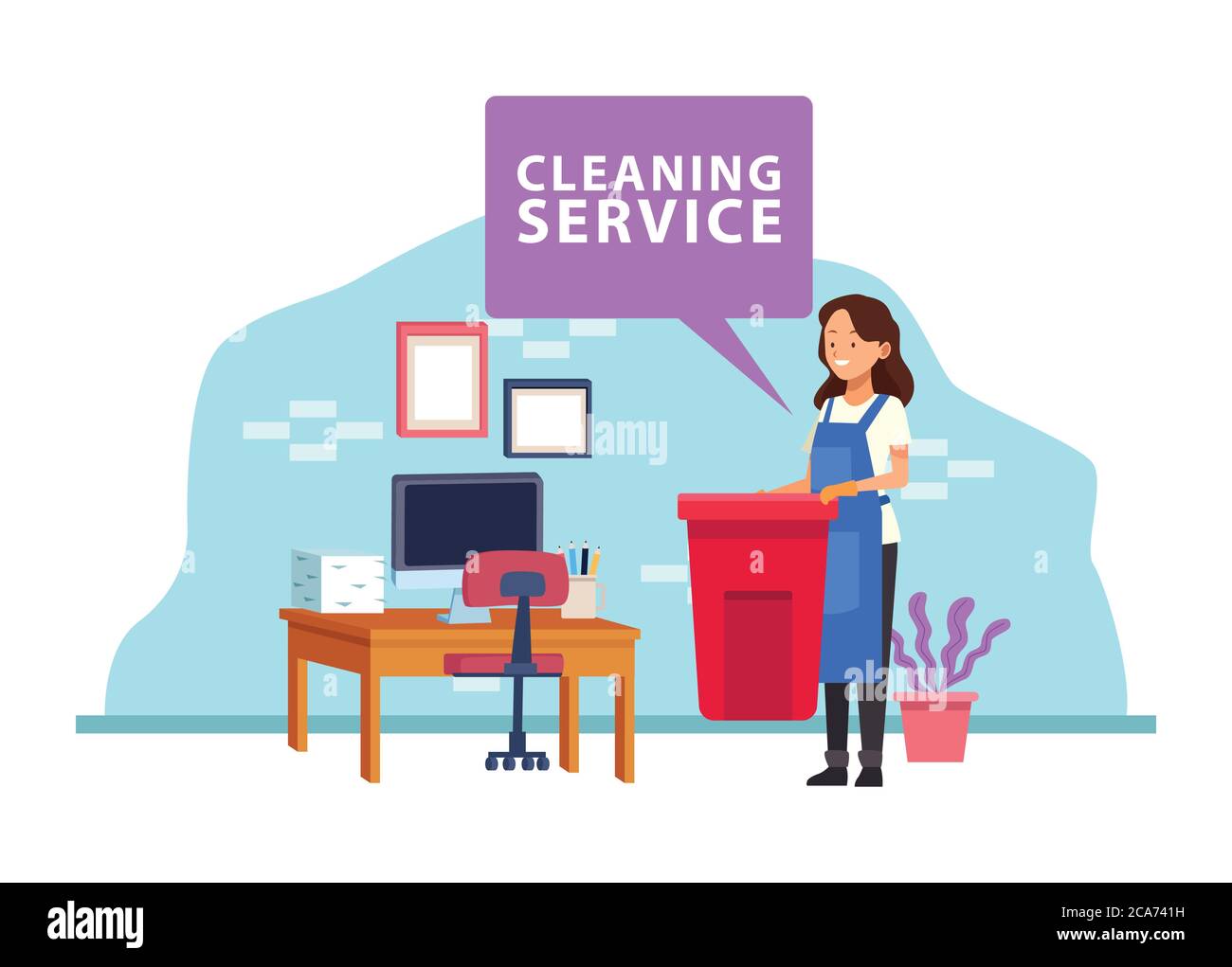 housekeeping female worker with garbage pot avatar character vector ...