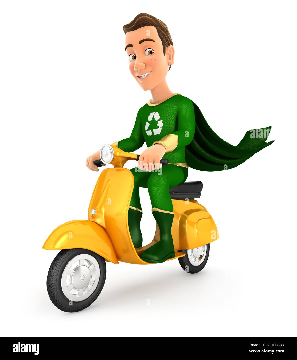 3d green hero riding scooter, illustration with isolated white ...