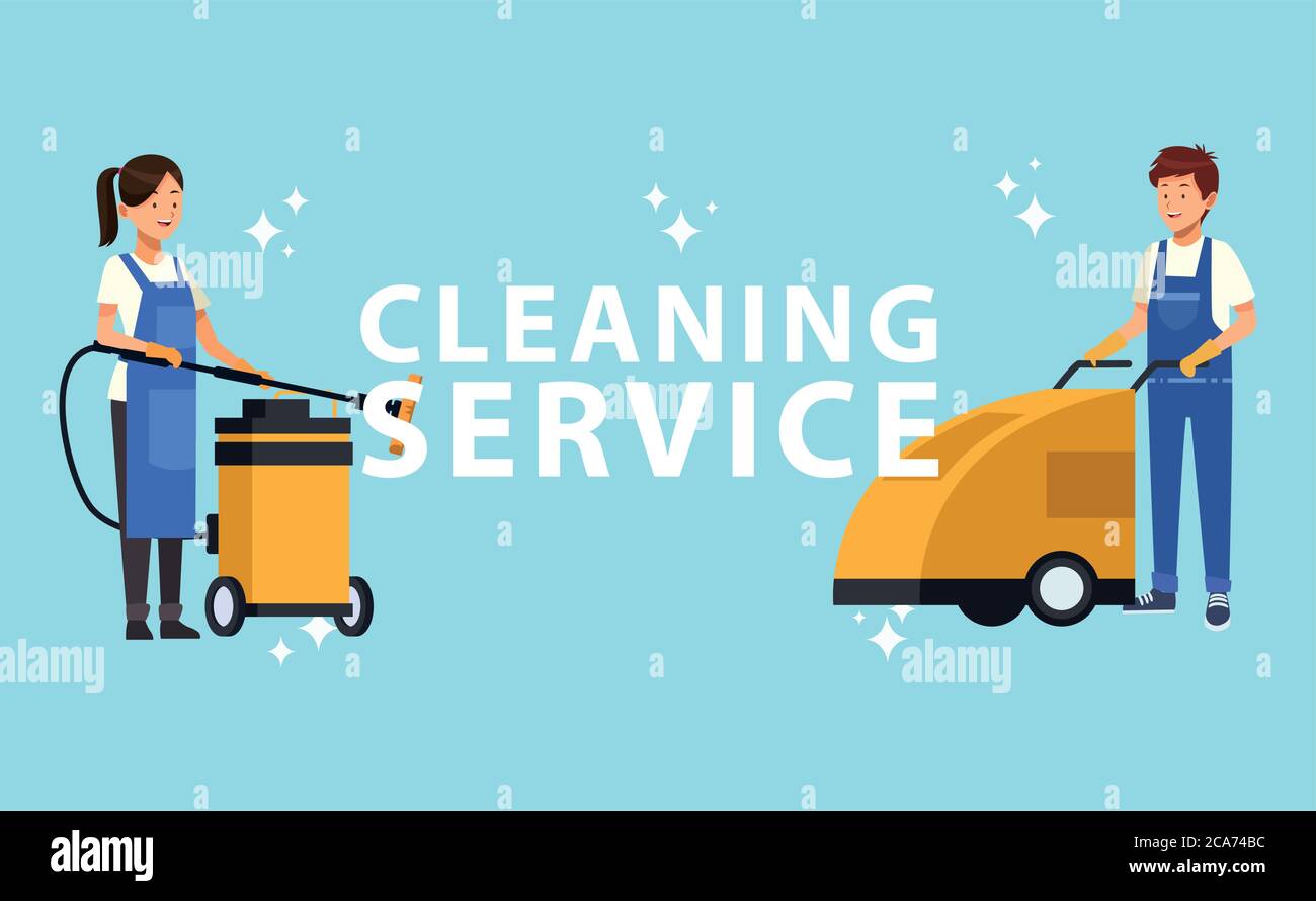 housekeeping couple workers with tools characters vector illustration ...