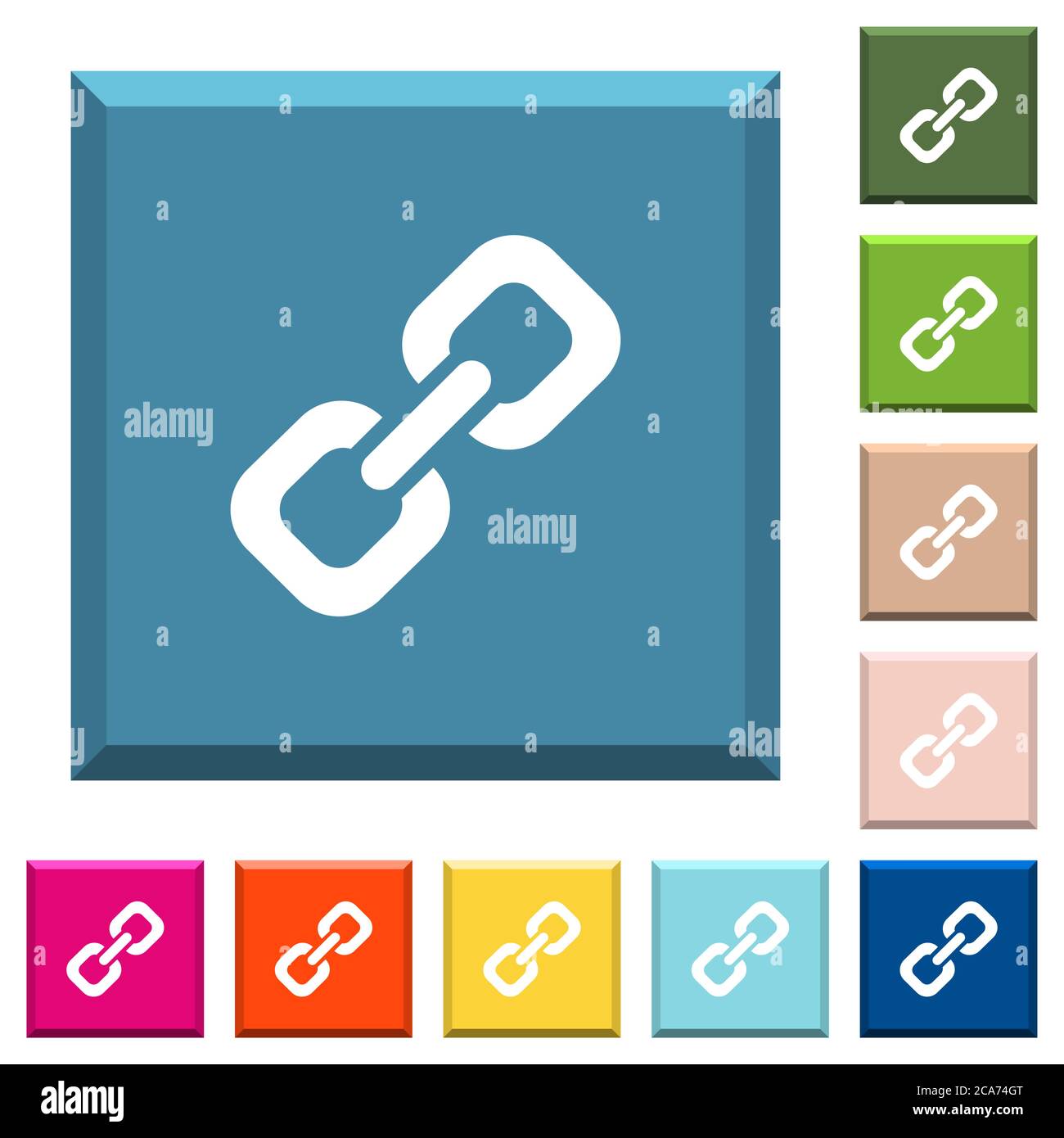 Link white icons on edged square buttons in various trendy colors Stock ...