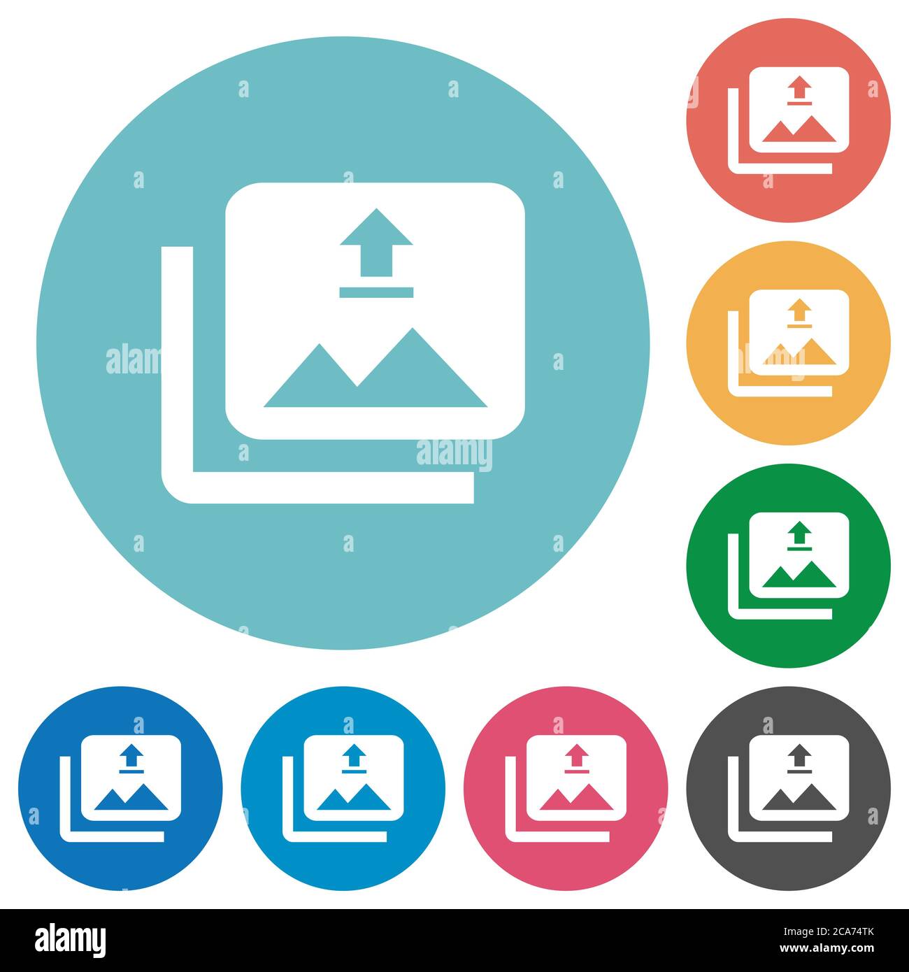 Upload multiple images flat white icons on round color backgrounds ...