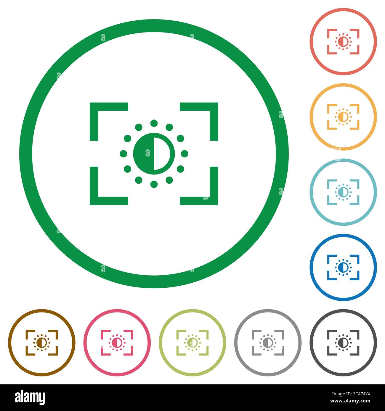 Camera saturation setting flat color icons in round outlines on white ...