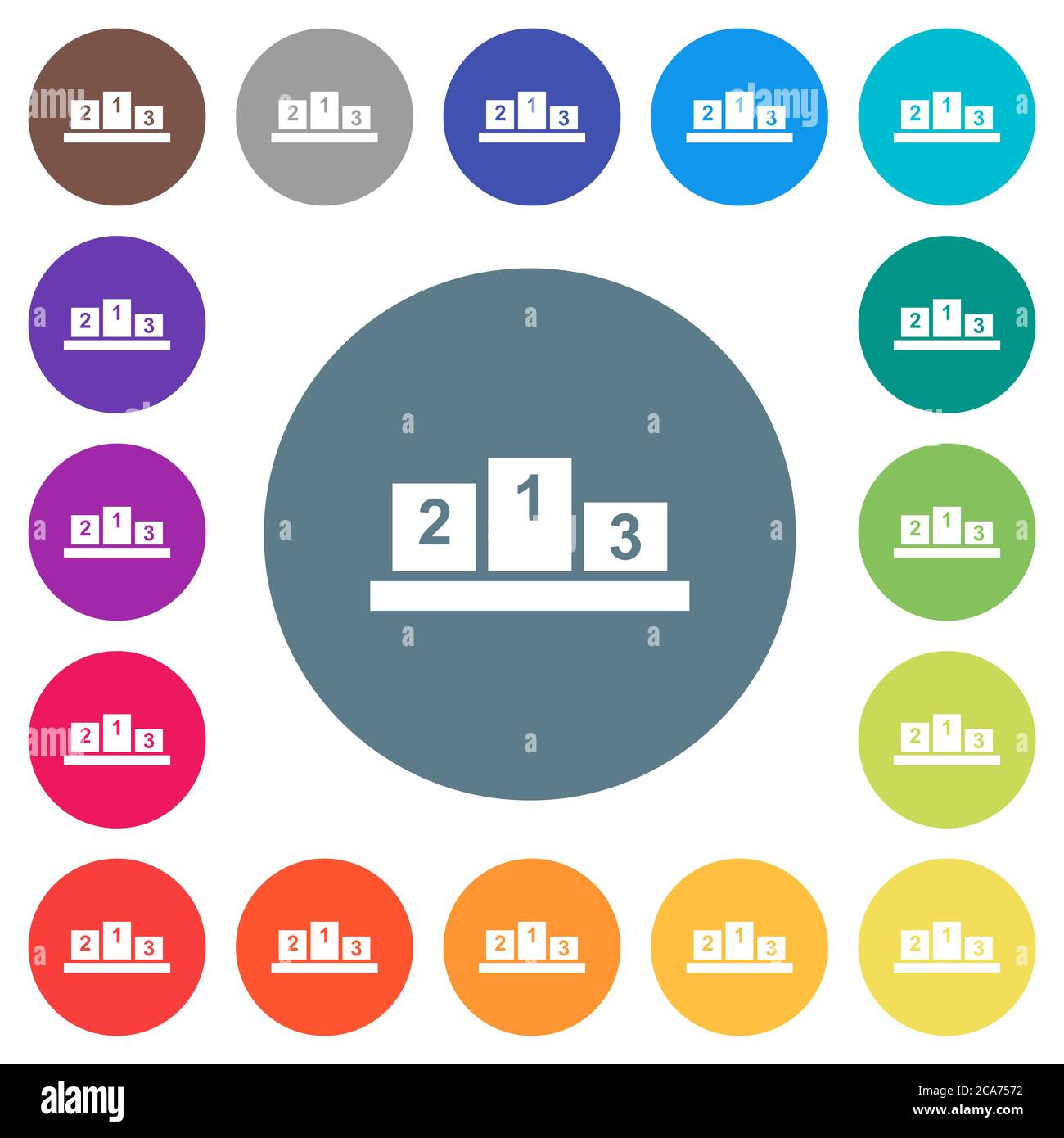 Winners podium with inside numbers flat white icons on round color ...