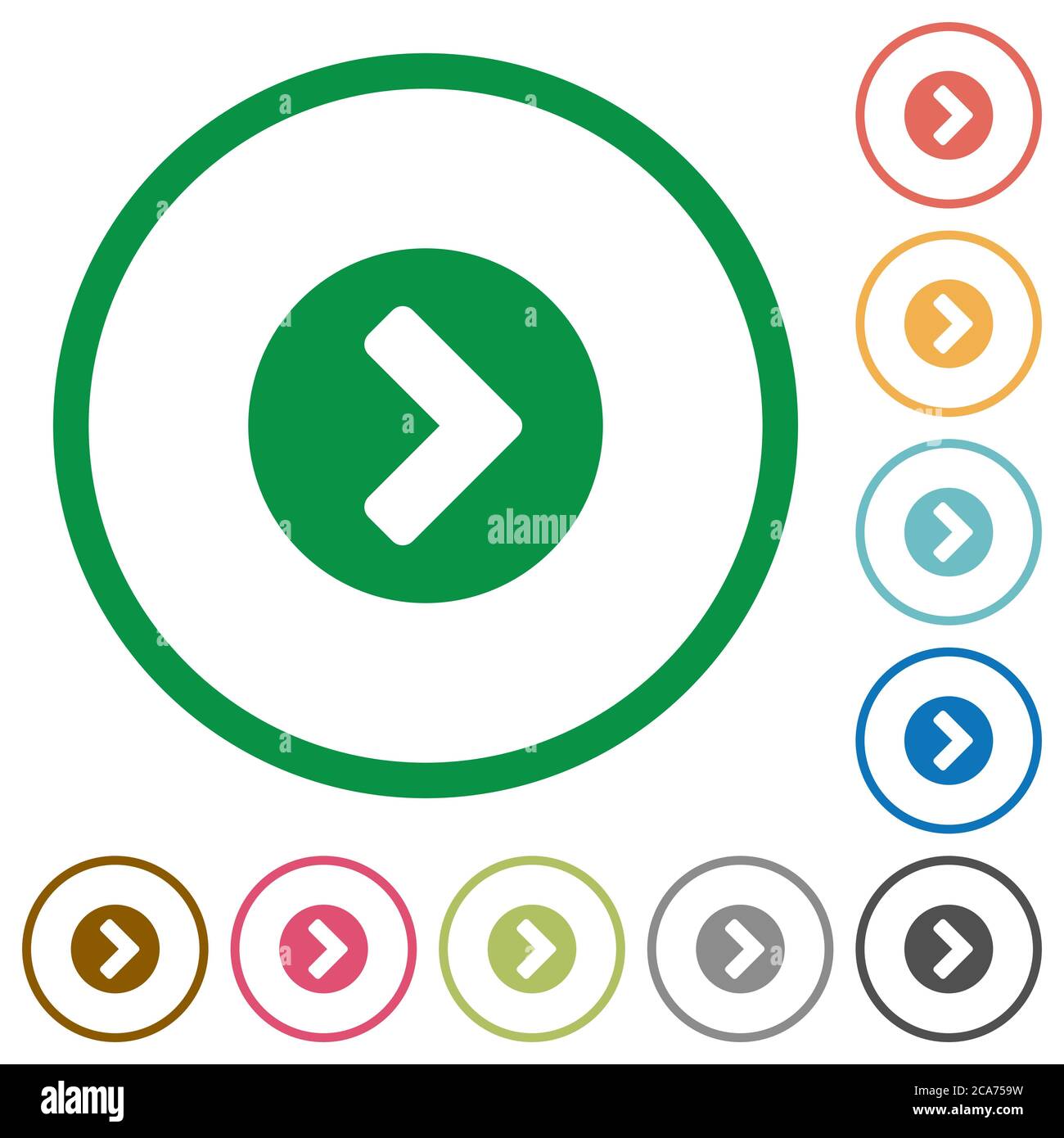 Chevron right flat color icons in round outlines on white background ...