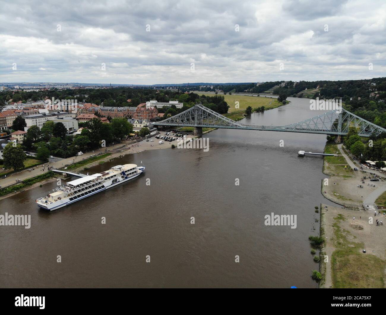 Aerial view of Loschwitz Bridge (blue wonder), a cantilever truss ...