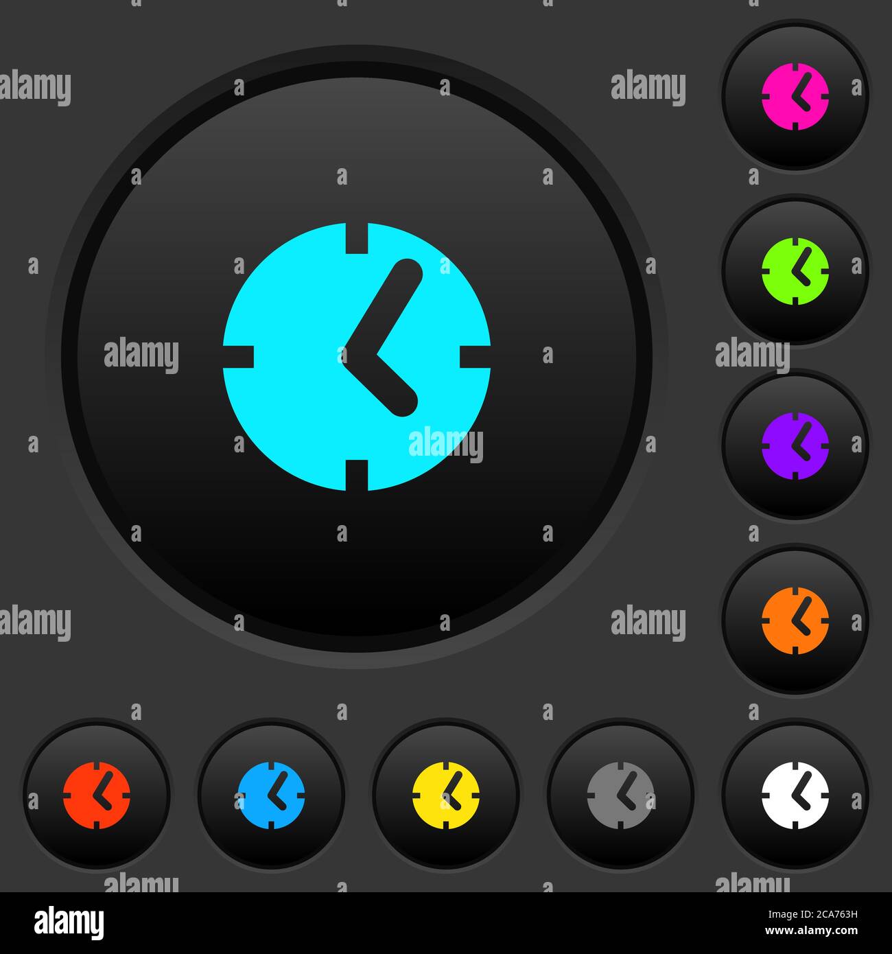 Clock dark push buttons with vivid color icons on dark grey background ...