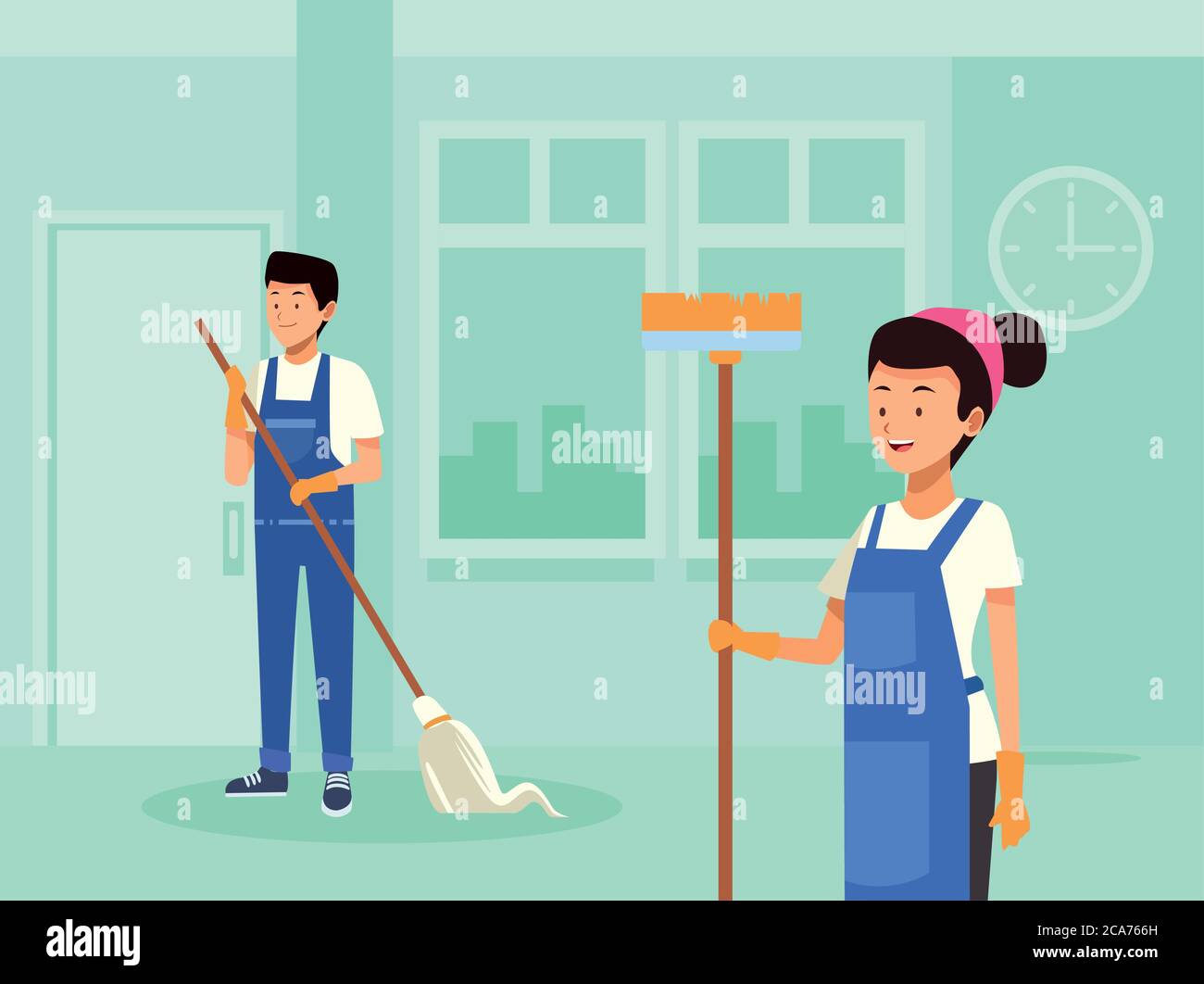 housekeeping couple workers with tools characters vector illustration ...