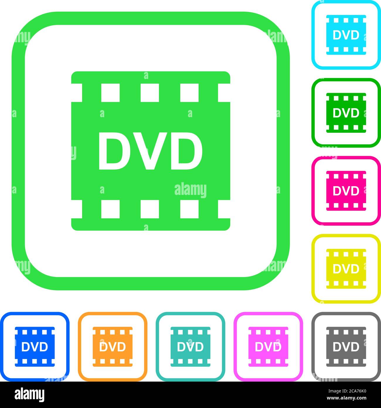DVD movie format vivid colored flat icons in curved borders on white ...