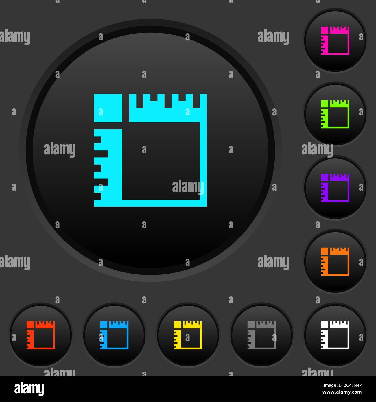 Canvas rulers dark push buttons with vivid color icons on dark grey ...