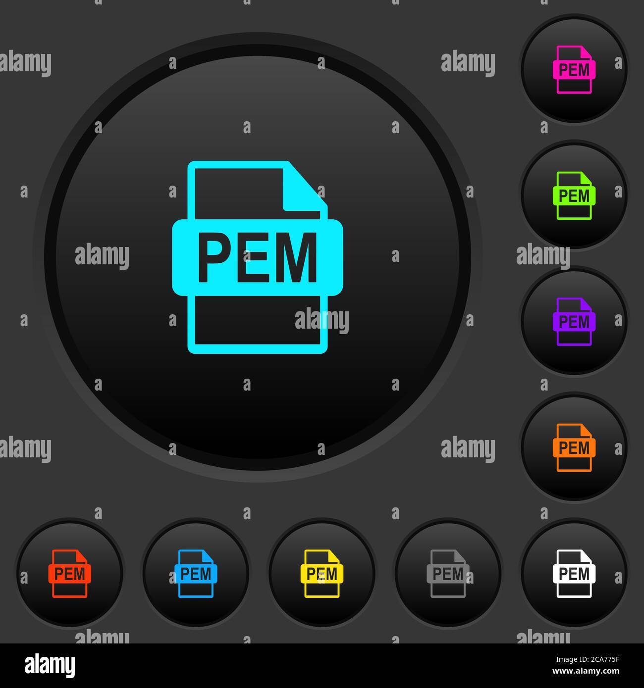 PEM file format dark push buttons with vivid color icons on dark grey ...