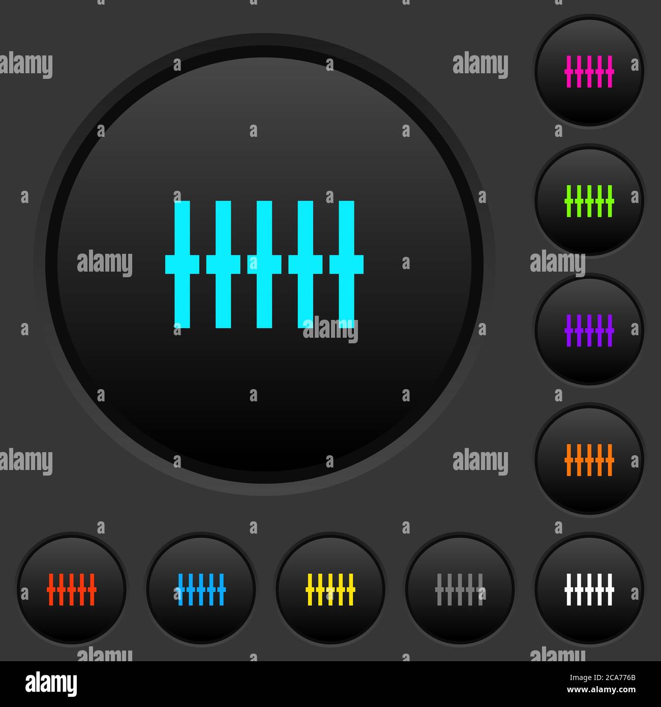 Graphical equalizer dark push buttons with vivid color icons on dark ...