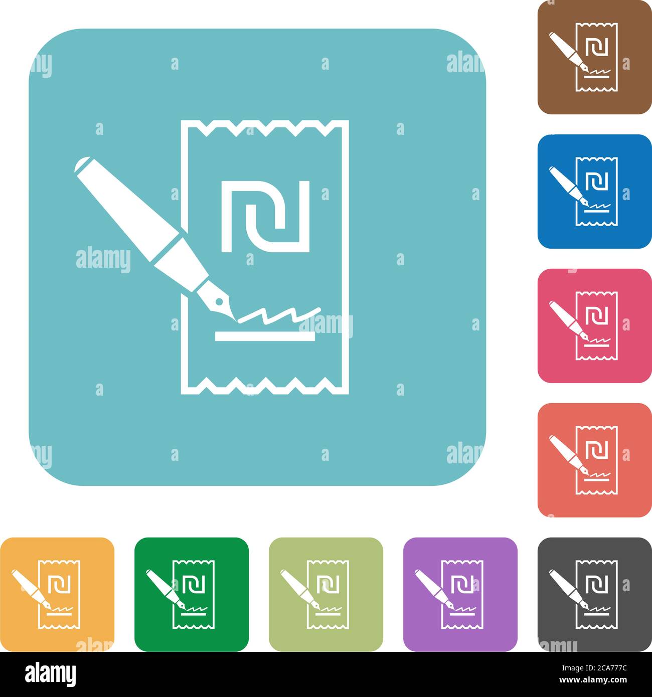 Signing new Shekel cheque white flat icons on color rounded square ...