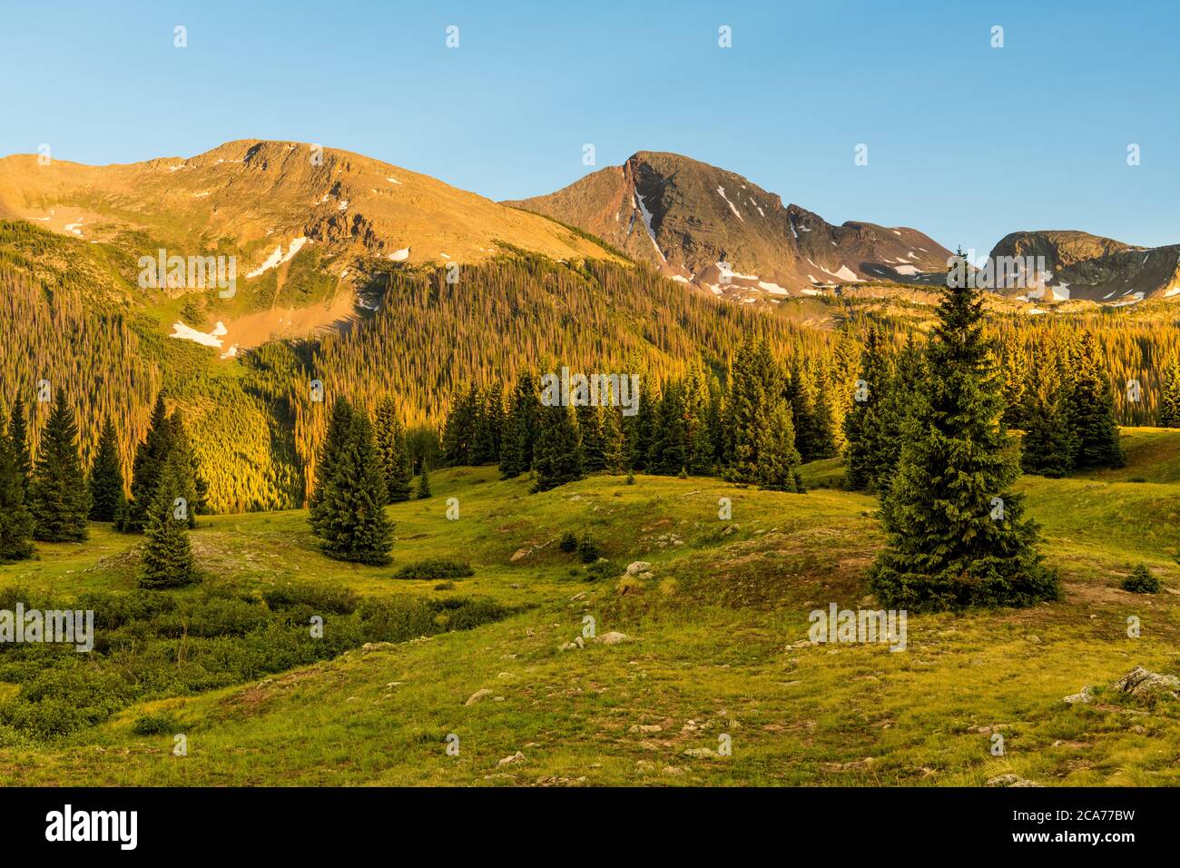The golden light of sunset illuminates snow-capped granite peaks above ...