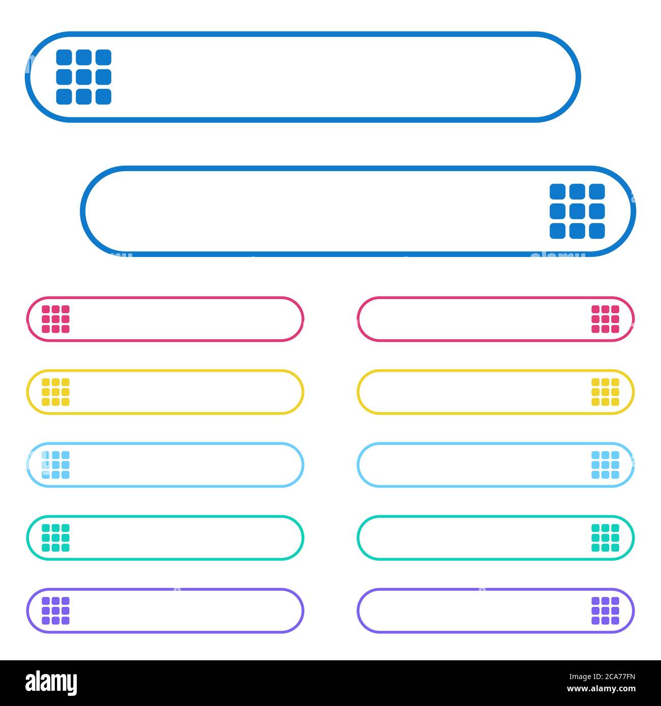 Small thumbnail view mode icons in rounded color menu buttons. Left and right side icon ...