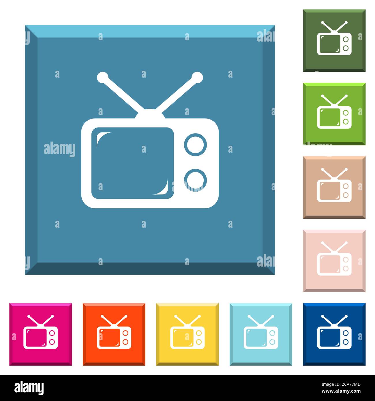 Vintage retro television white icons on edged square buttons in various ...