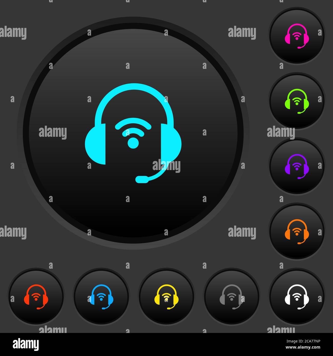 Wireless headset dark push buttons with vivid color icons on dark grey ...