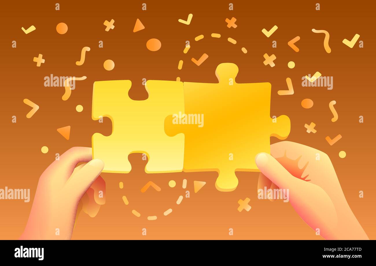 Hands hold puzzle on colored background with many icons. Vector ...