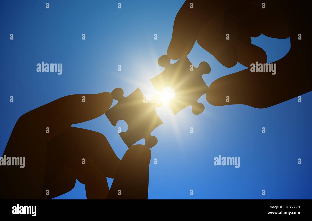 Hands hold a puzzle on a sunny background. Vector illustration Stock ...