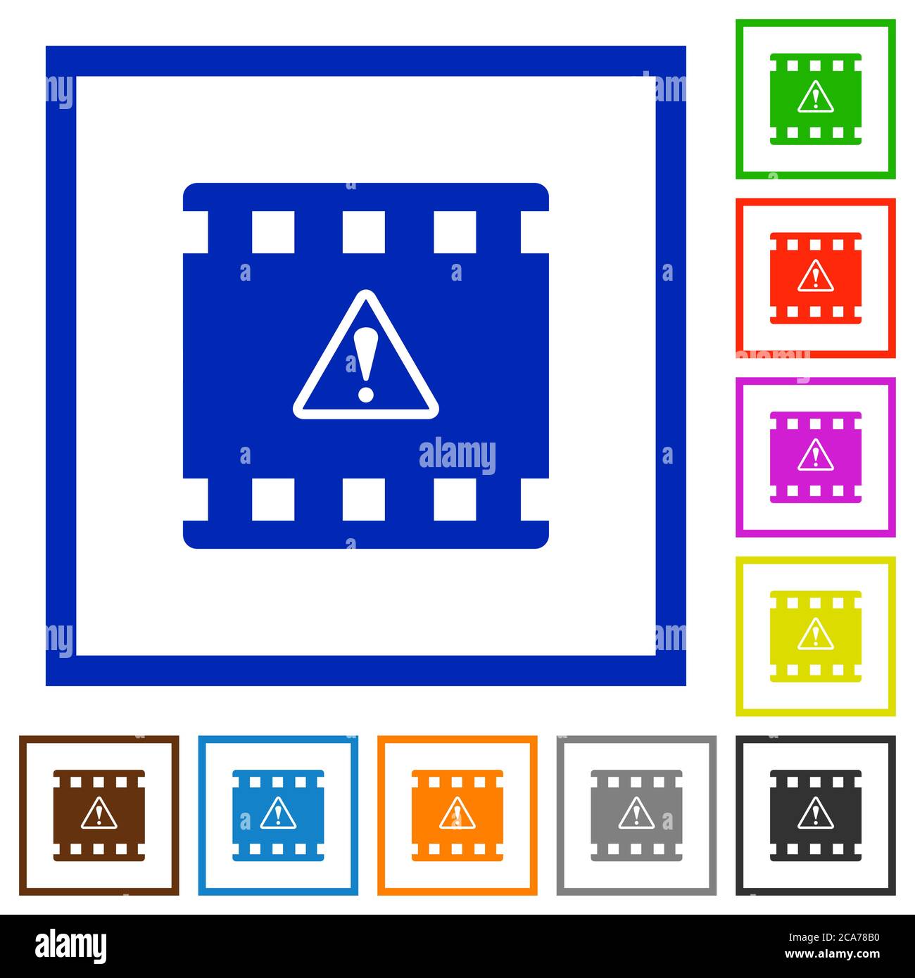 Movie warning flat color icons in square frames on white background ...