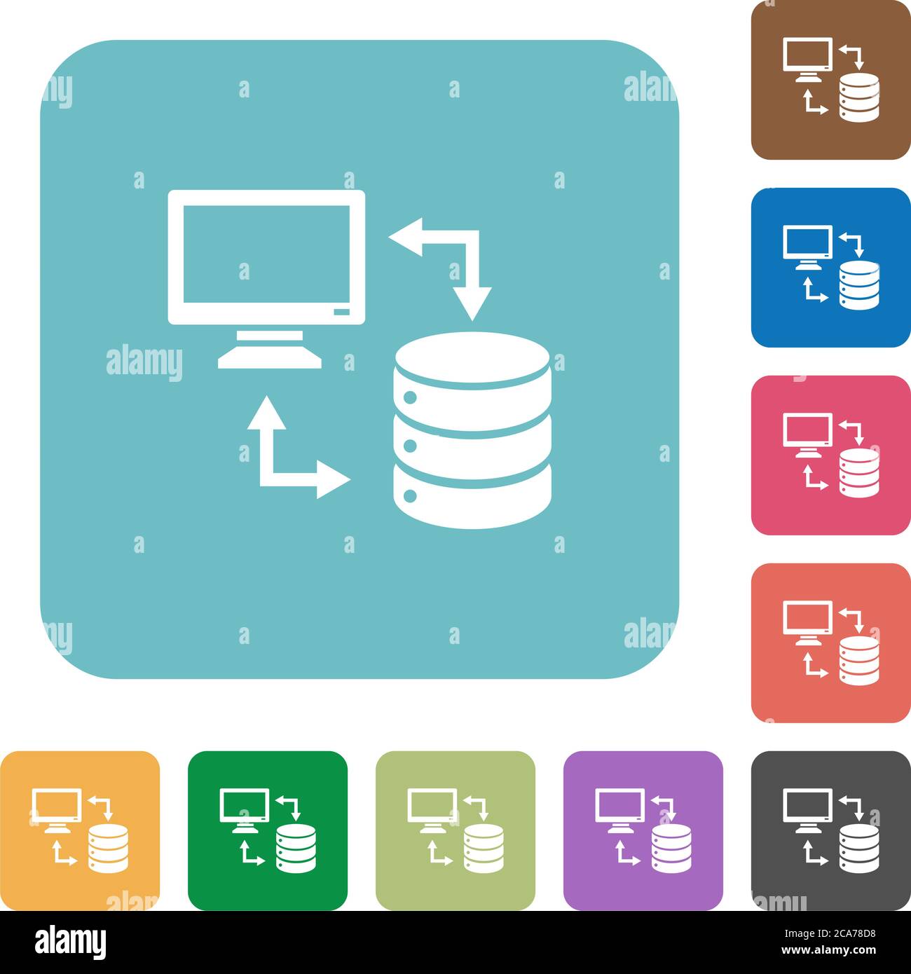 Syncronize data with database white flat icons on color rounded square backgrounds Stock Vector ...