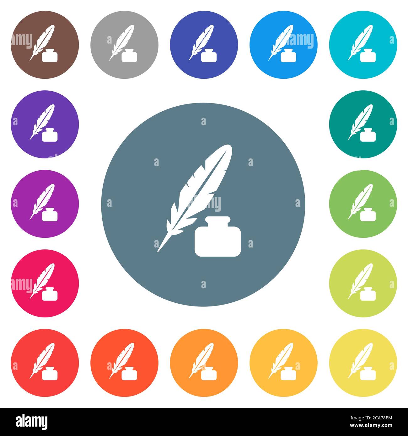Feather and ink bottle flat white icons on round color backgrounds. 17 ...