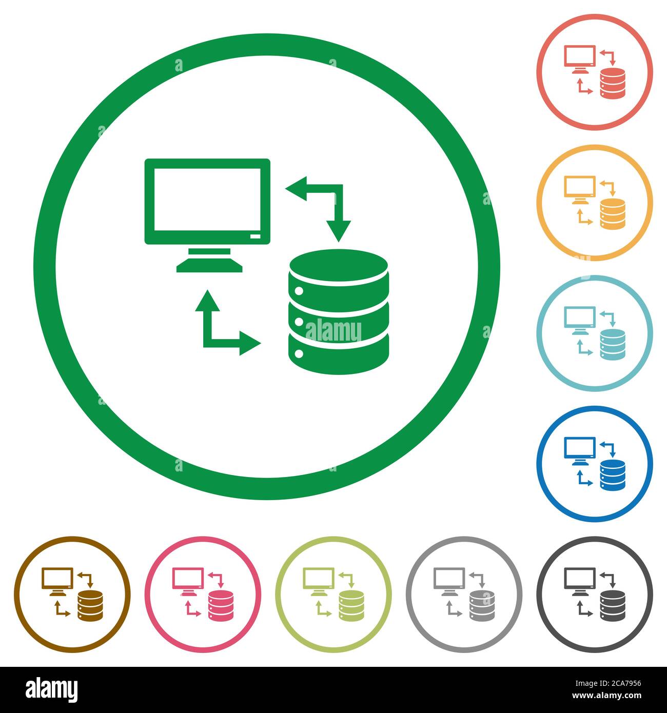 Syncronize data with database flat color icons in round outlines on white background Stock ...