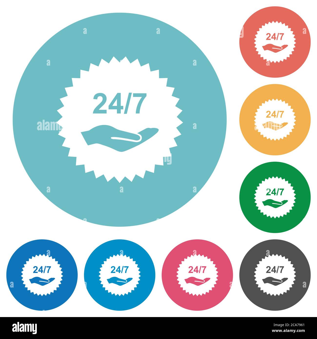 24 hours seven service sticker flat white icons on round color ...