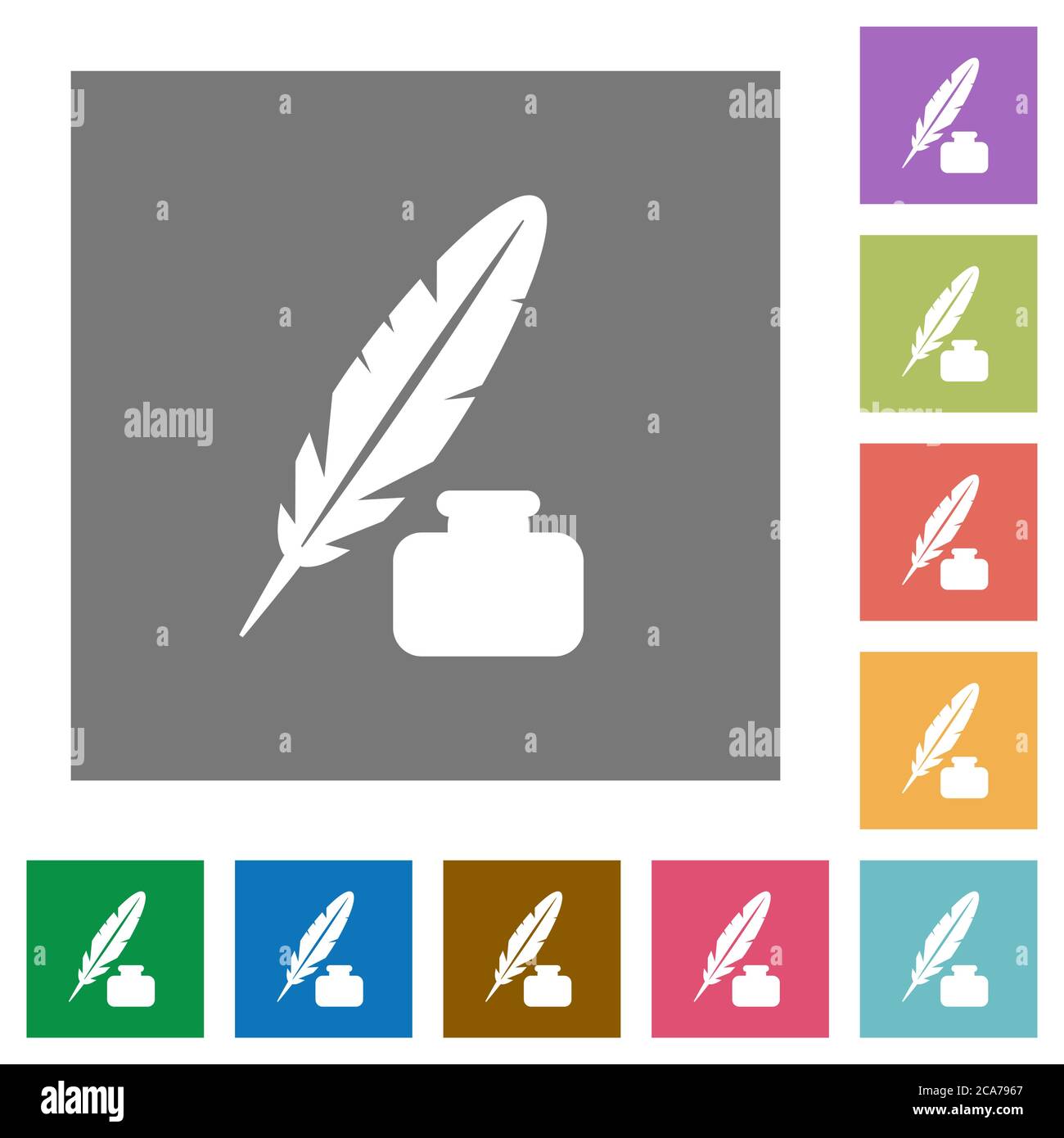 Feather and ink bottle flat icons on simple color square backgrounds ...