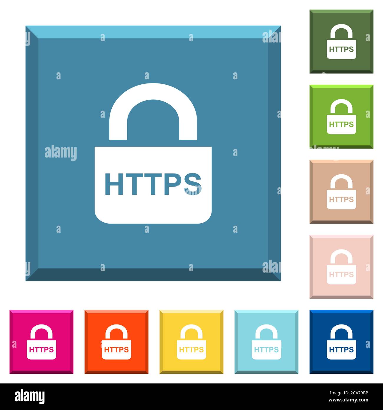 Secure http protocol white icons on edged square buttons in various ...