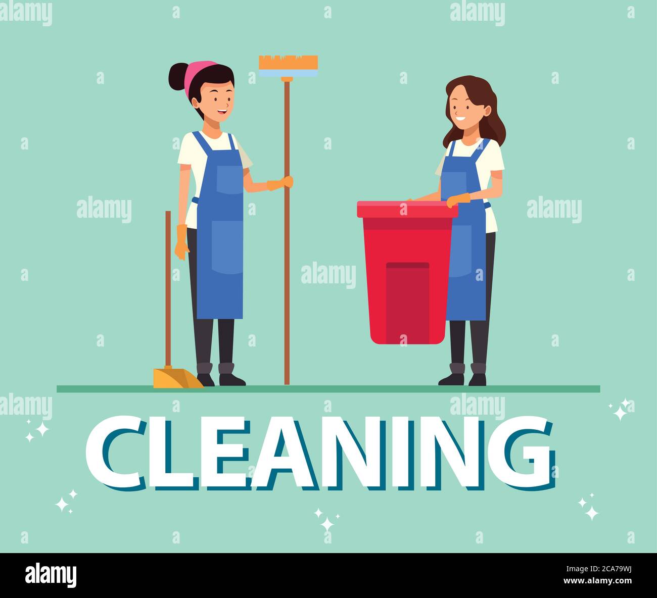 housekeeping team female workers with equipment tools vector ...