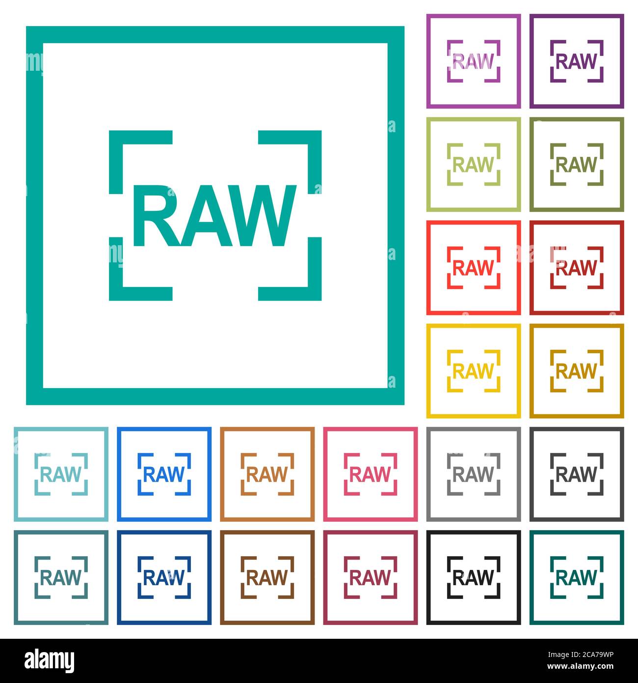Camera raw image mode flat color icons with quadrant frames on white ...