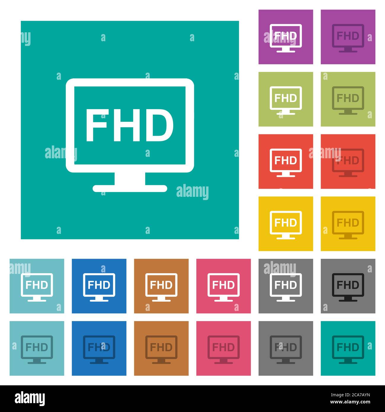 Full HD display multi colored flat icons on plain square backgrounds ...
