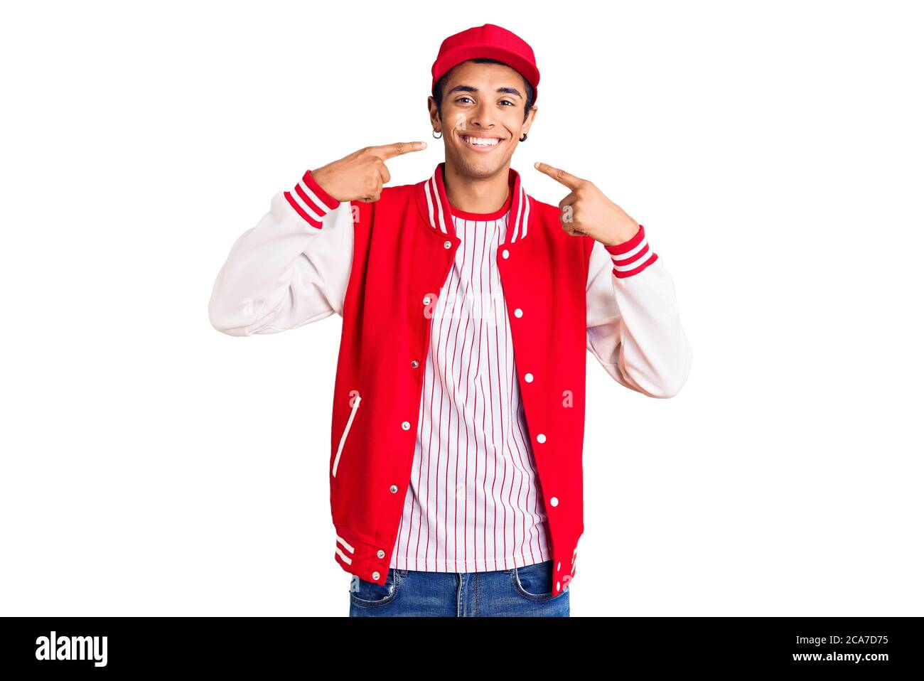 Young african amercian man wearing baseball uniform smiling cheerful ...