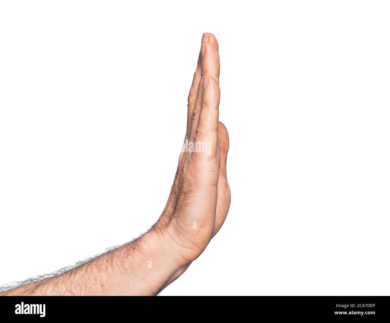 Hand of caucasian middle age man over isolated white background showing ...
