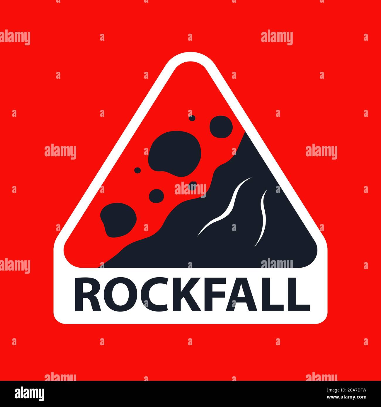 triangular rockfall sign on a red background. flat vector illustration ...