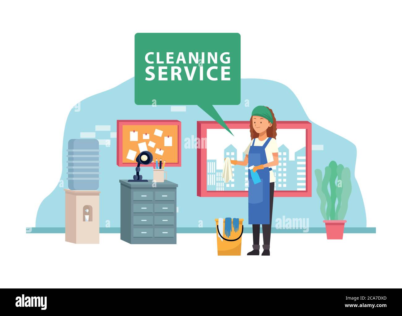 housekeeping female worker with bucket and spray bottle avatar ...