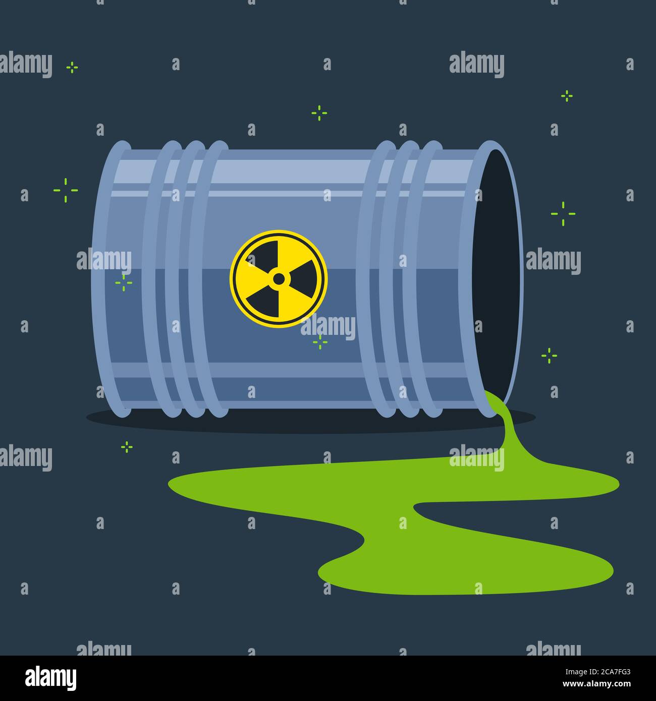 Radioactive substance spilled on the floor from a fallen barrel. flat ...