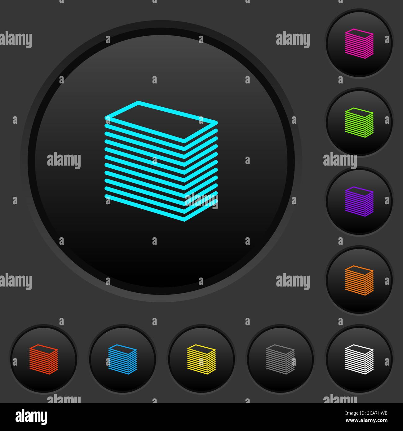 Paper stack dark push buttons with vivid color icons on dark grey ...
