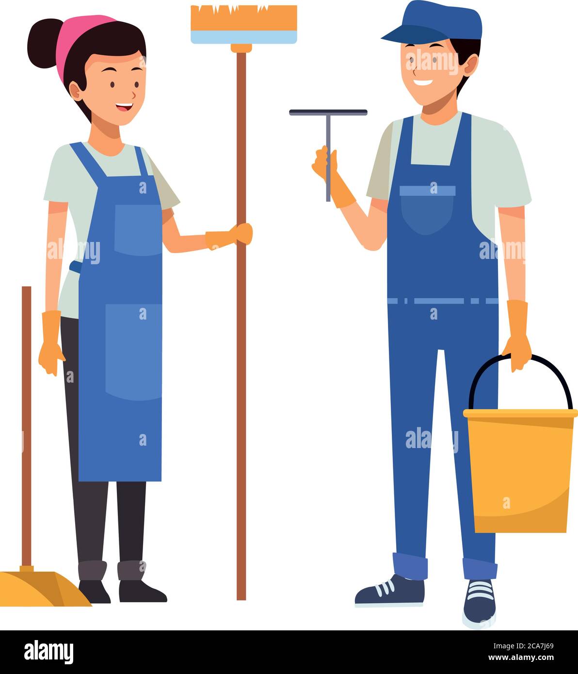 housekeeping couple workers with tools characters vector illustration ...