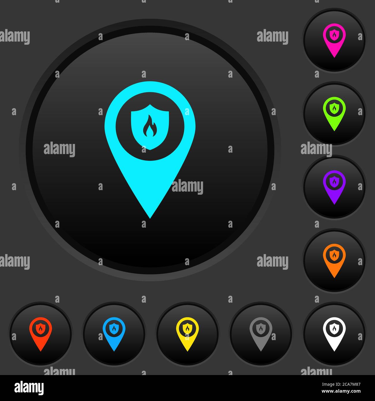 Fire station GPS map location dark push buttons with vivid color icons ...