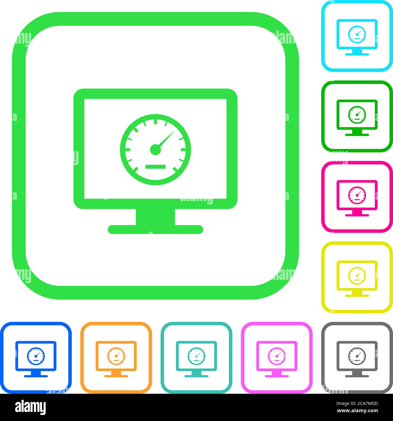 Computer benchmark vivid colored flat icons in curved borders on white ...