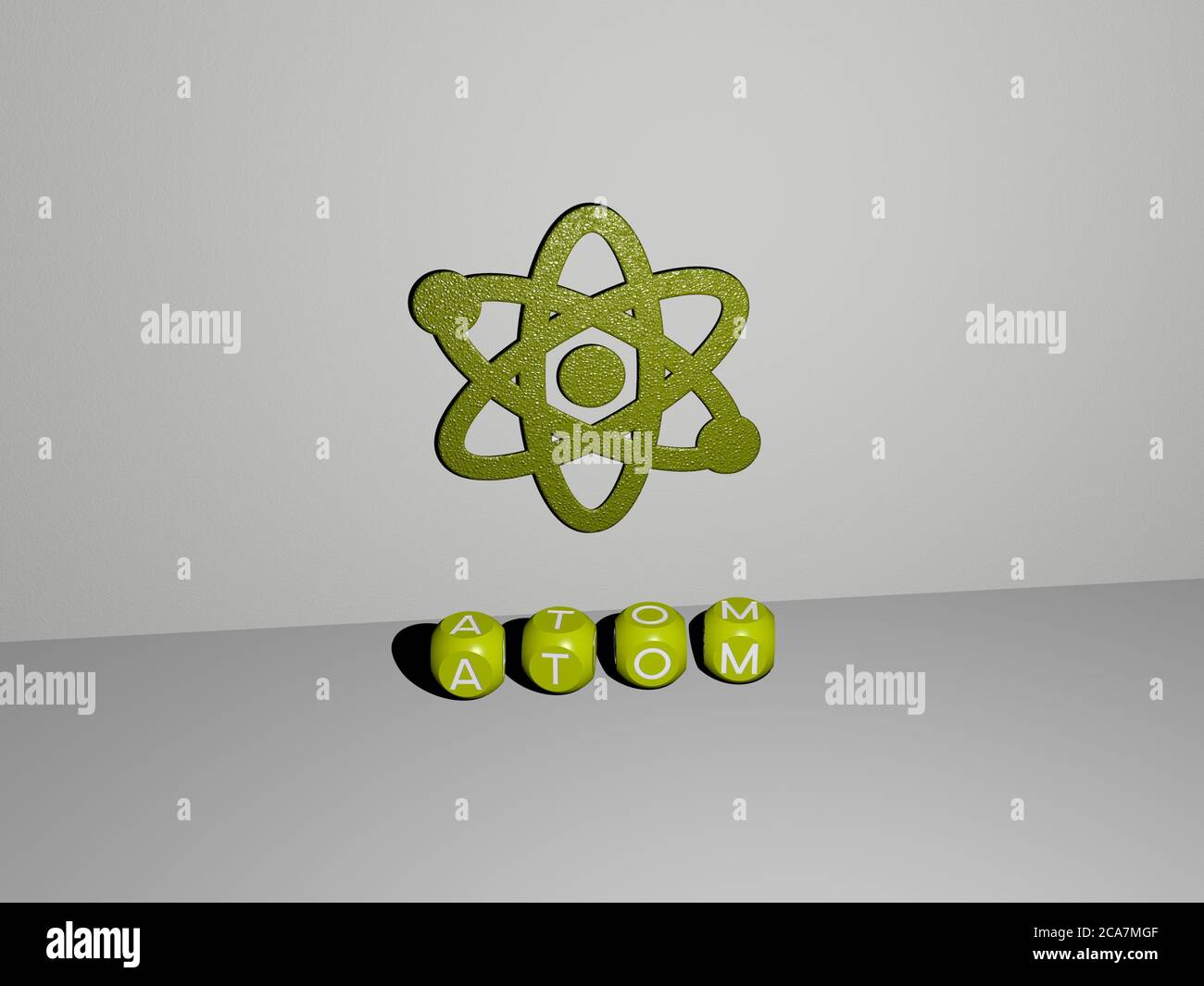 3D illustration of atom graphics and text made by metallic dice letters ...