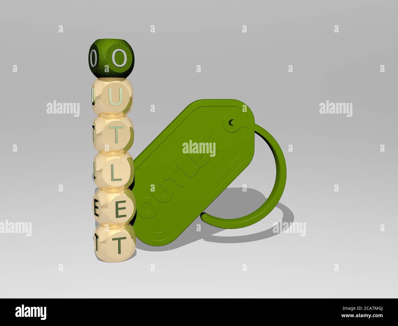 3D graphical image of OUTLET vertically along with text built around ...