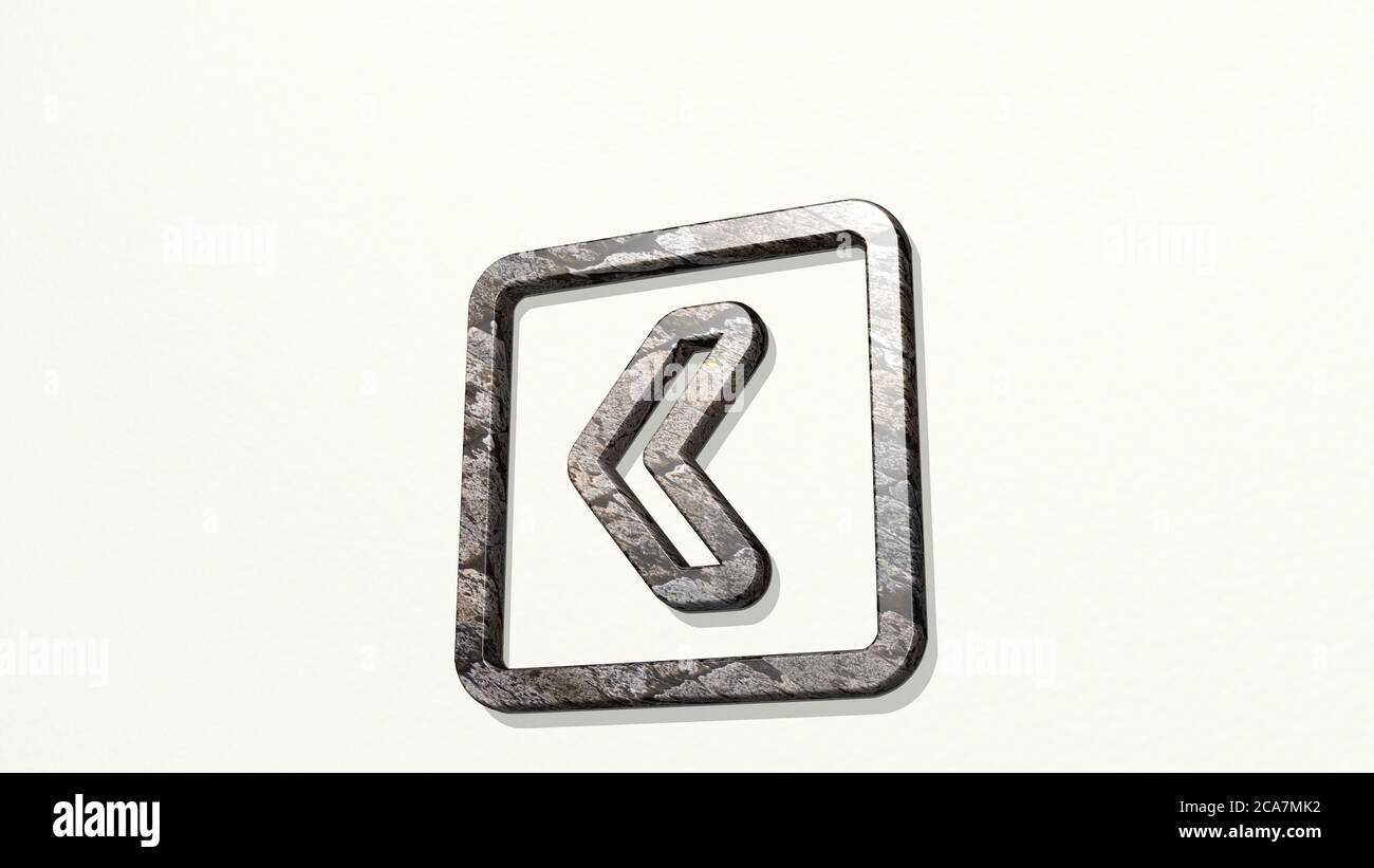 arrow rectangle left on the wall. 3D illustration of metallic sculpture ...