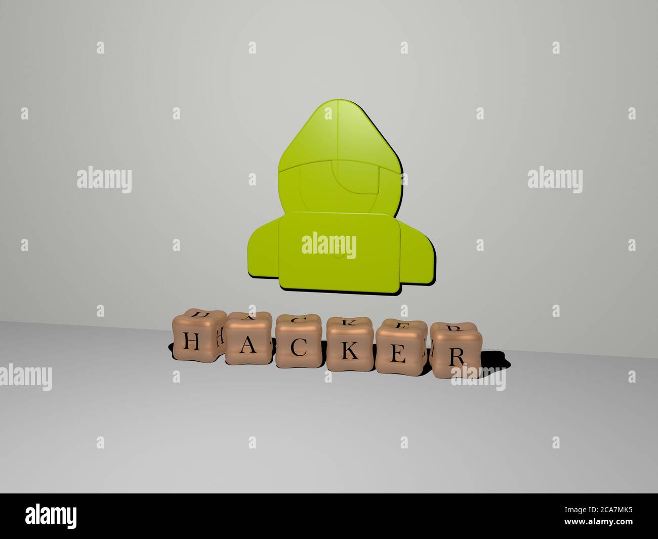 3D illustration of HACKER graphics and text made by metallic dice ...