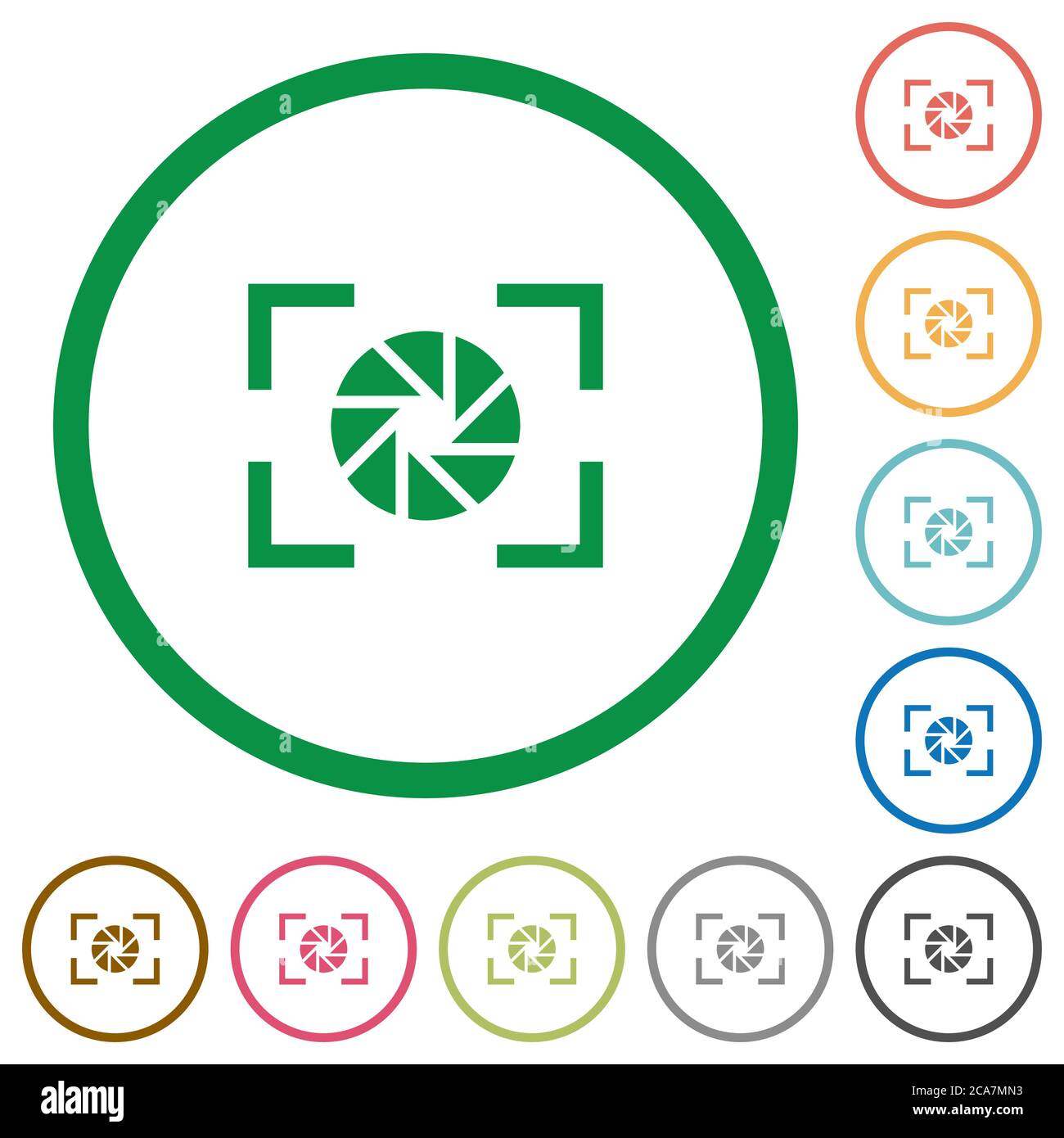 Camera aperture setting flat color icons in round outlines on white ...